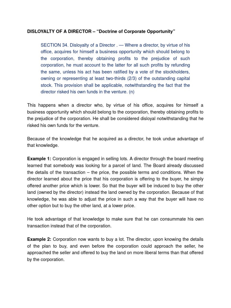 Disloyalty of A Director | PDF | Corporations | Stocks