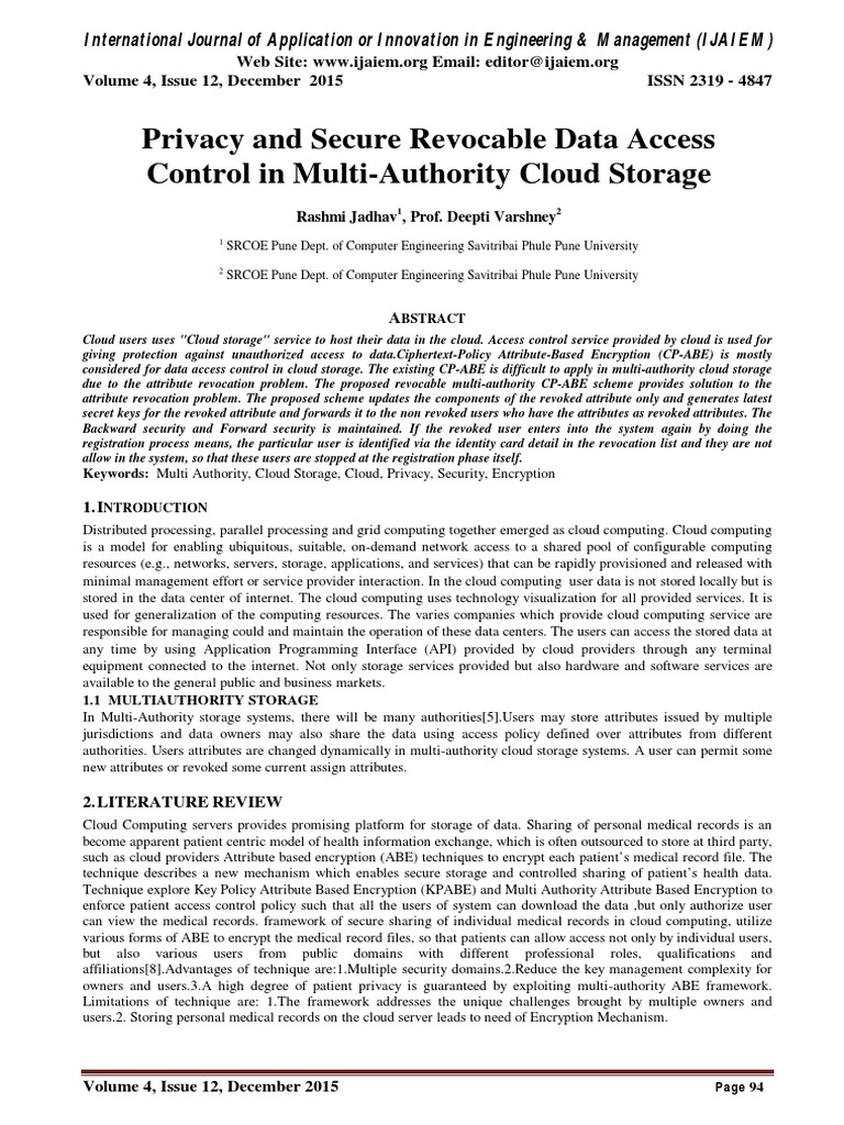 Privacy and Secure Revocable Data Access Control in Multi-Authority Cloud Storage | PDF | Key ...