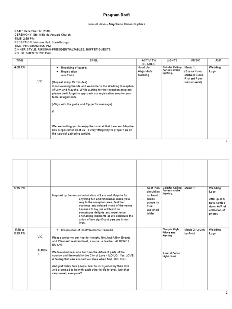 Program Draft: Lemuel Java - Maychelle Ornos Nuptials | PDF | Groomsman ...