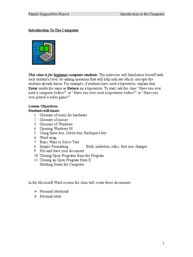 Introduction To The Computer: This Class Is For Beginner Computer ...