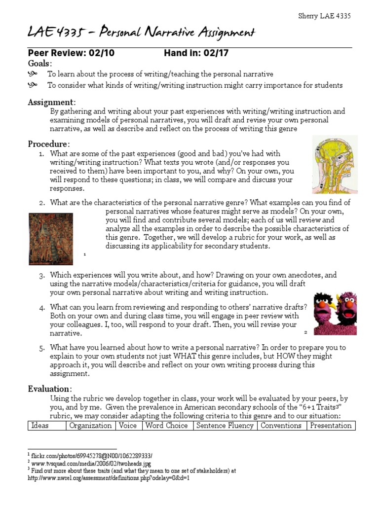 LAE 4335 - Personal Narrative Assignment: Peer Review: 02/10 Hand In ...