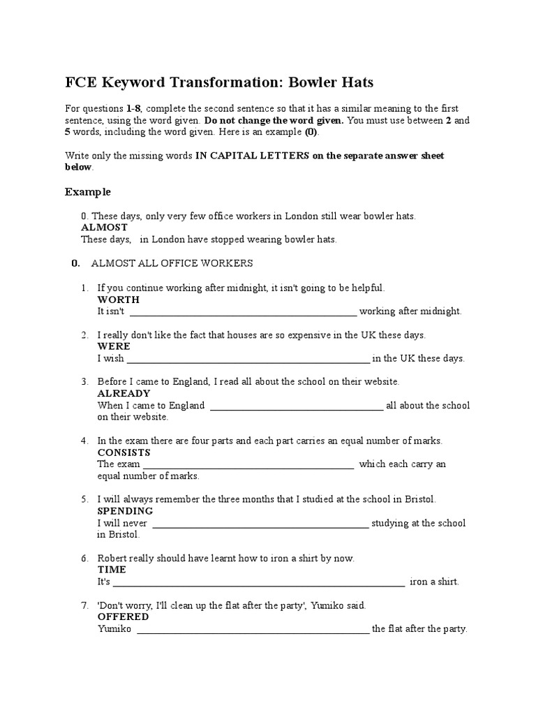 FCE - Key Word Transformation | PDF | Reserved Word | Sentence ...