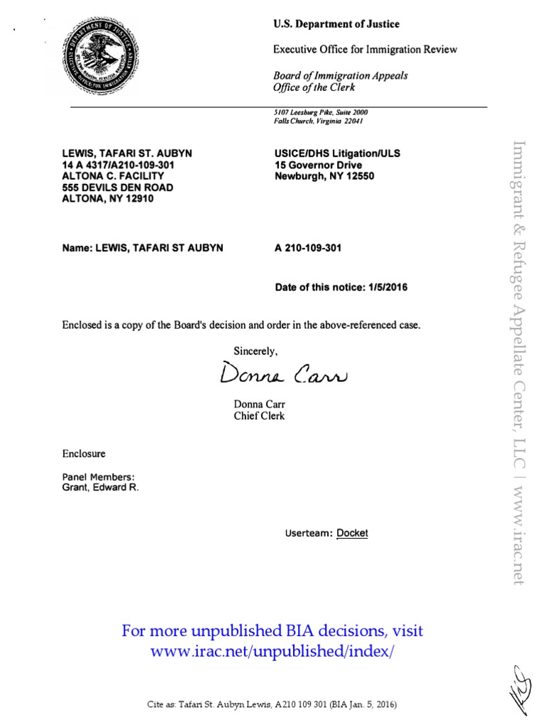 Tafari St. Aubyn Lewis, A210 109 301 (BIA Jan. 5, 2016) | PDF | Removal ...