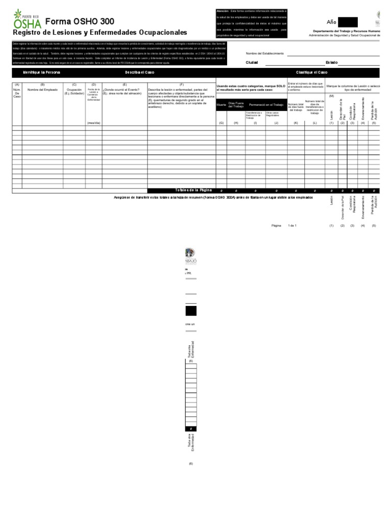 Forma OSHA 300 Rev. Enero 2012 | PDF | Administración de Seguridad y ...