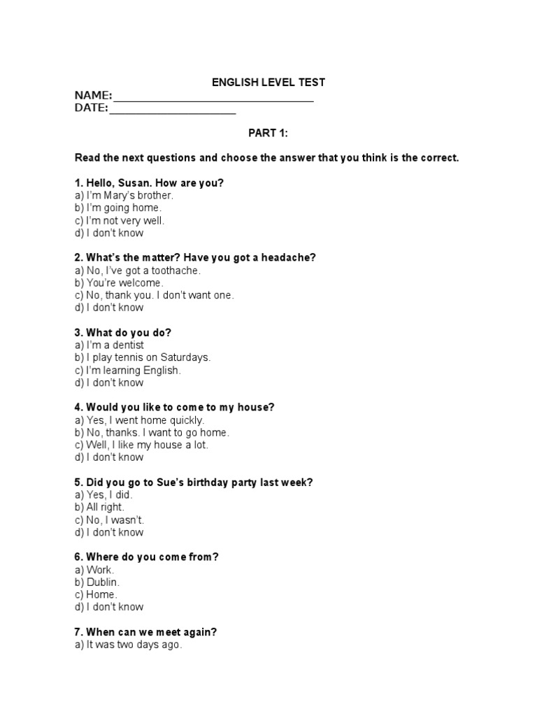 English Level Test PDF Leisure