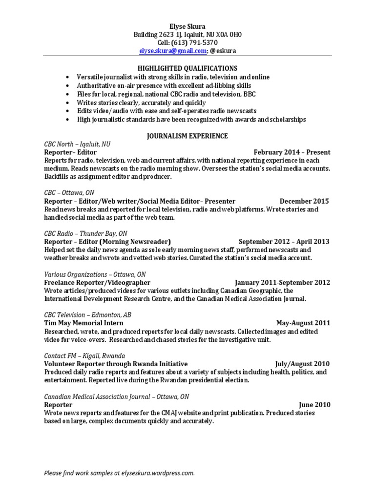 Elyse Skura Resume Reporter Newsreader WebWriter | PDF | News ...