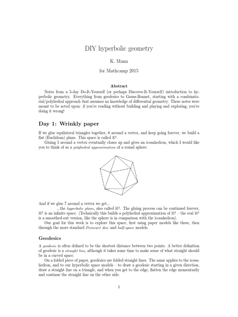 DIY Hyperbolic Geometry: Day 1: Wrinkly Paper | PDF | Hyperbolic ...