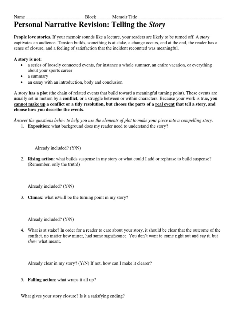 Personal Narrative Revision-Storytelling | PDF | Self-Improvement