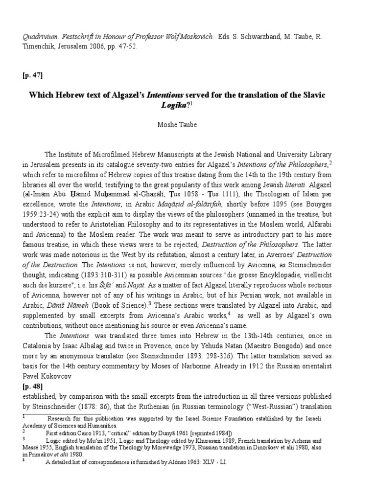 Which Hebrew Text of Algazel's Intentions Served as the Basis for the ...
