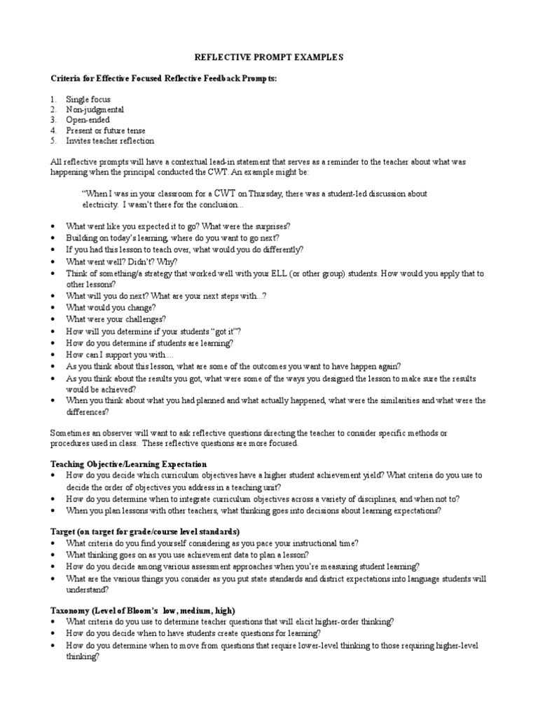 Reflective Prompt Examples Criteria For Effective Focused Reflective ...