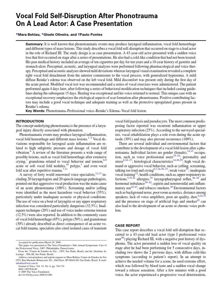 Vocal Fold Self-Disruption After Phonotrauma On A Lead Actor: A Case ...