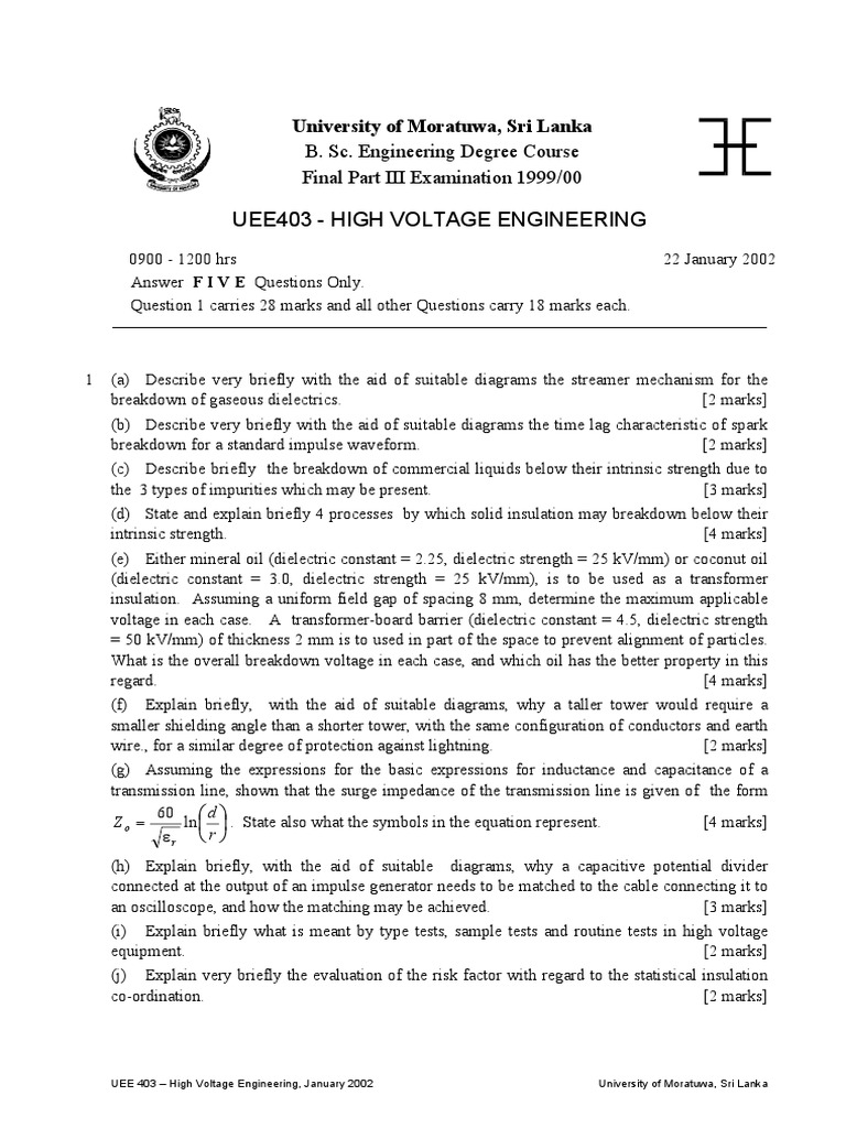 High Voltage Engineering Exam Questions | PDF | Electrical Breakdown ...