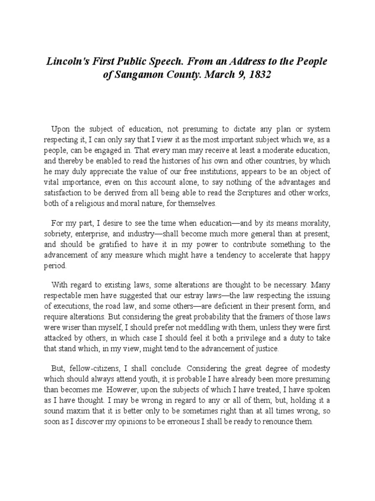 Lincoln's First Speech, 1832 | PDF | Abraham Lincoln | Justice