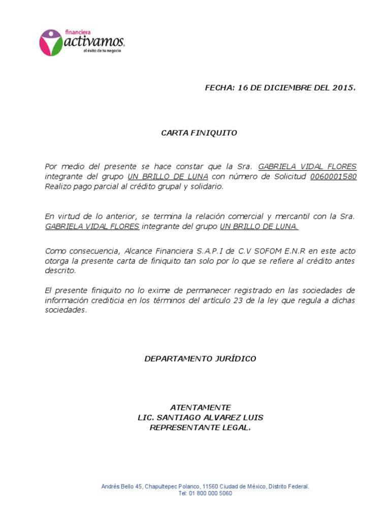 Carta de Finiquito de Crédito Grupales | PDF