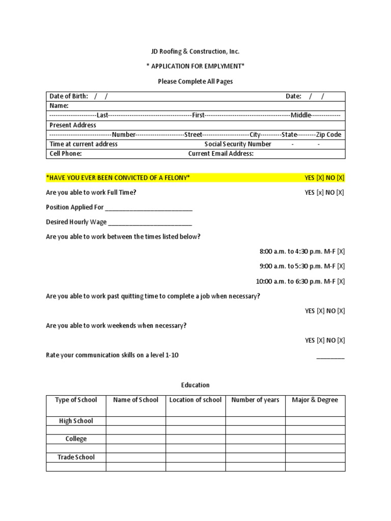 JD Roofing Employment Application Form | PDF | Employment | Government ...