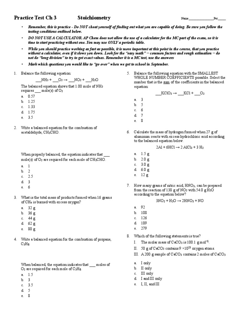 CH 3 Stoichiometry Multiple Choice | PDF | Mole (Unit) | Stoichiometry