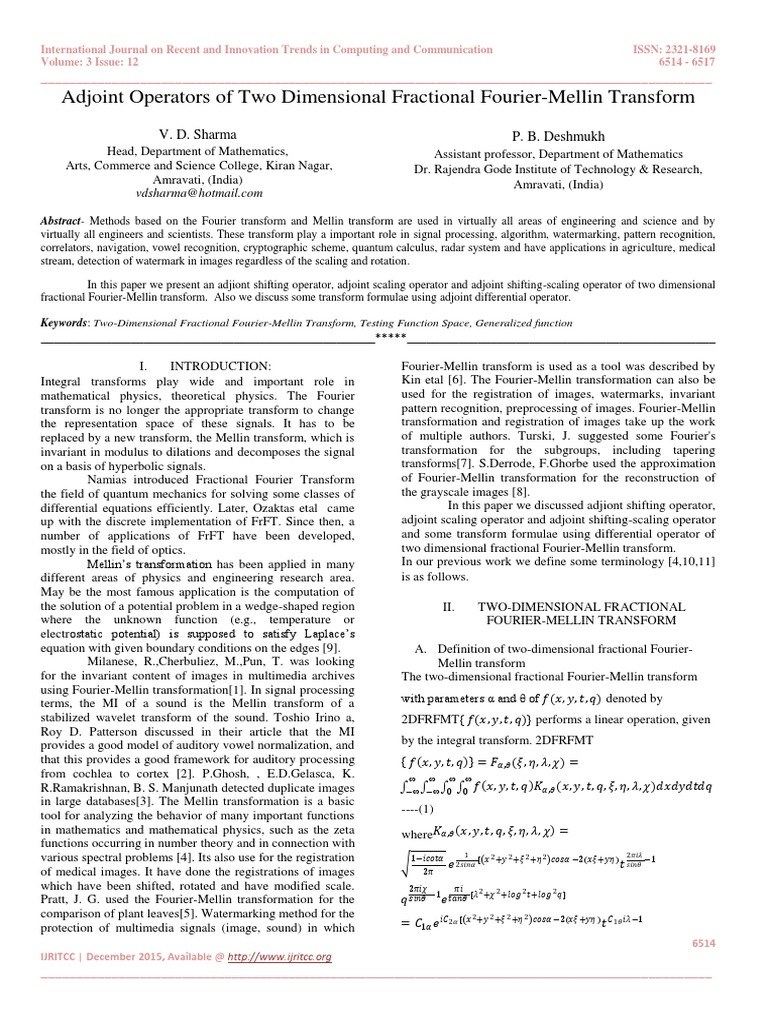 Adjoint Operators of Two Dimensional Fractional Fourier Mellin Transform | PDF | Fourier ...