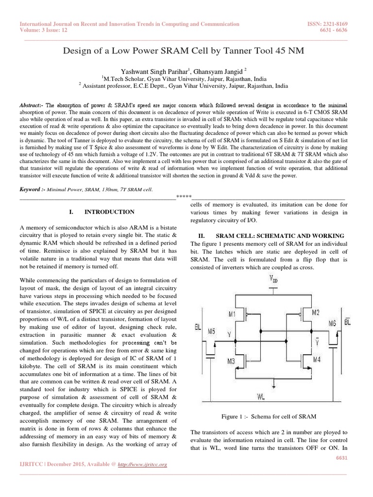 Design of A Low Power SRAM Cell by Tanner Tool 45 NM | PDF | Random Access Memory | Electronic ...