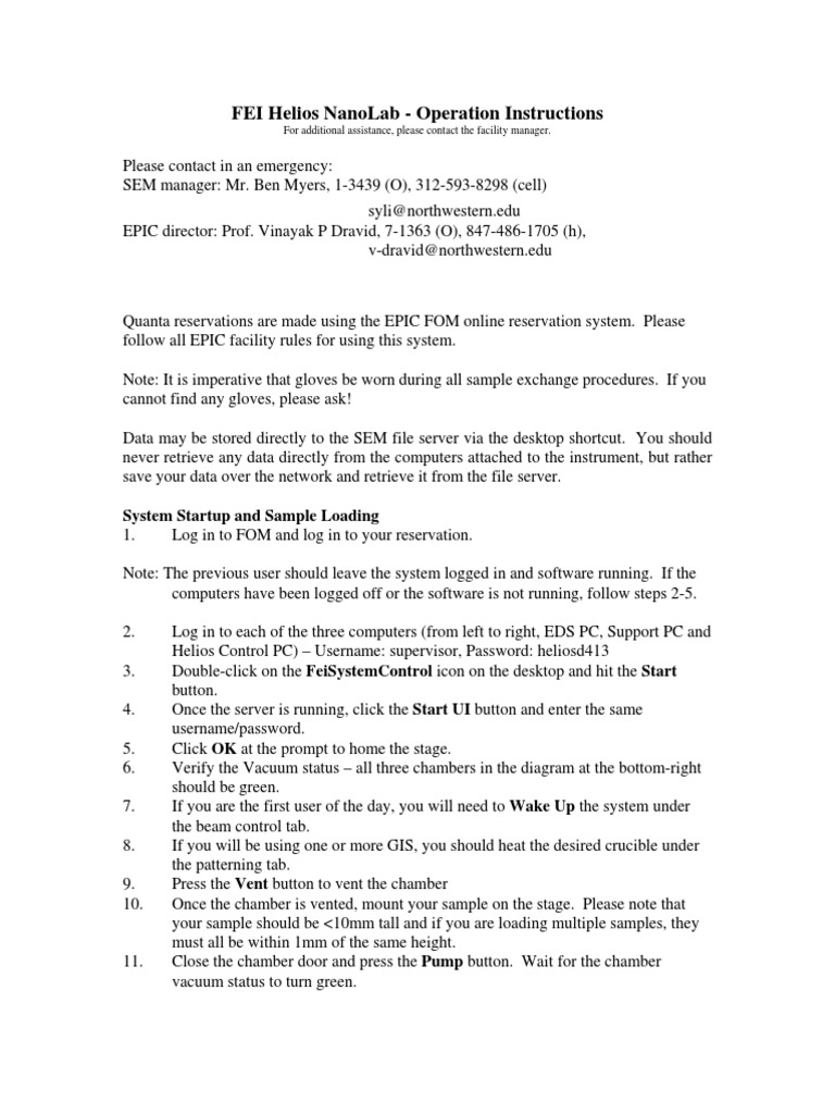 FEI Helios NanoLab - Operation Instructions | PDF | Vacuum Tube | Electron