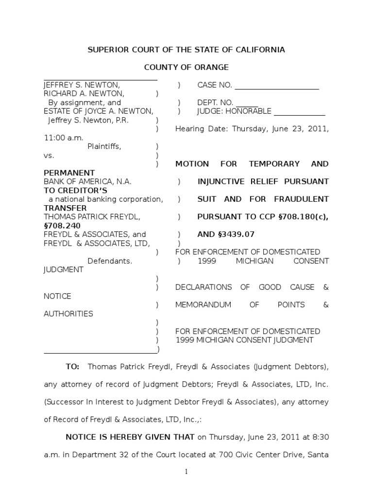 MOTION FOR TEMPORARY RESTRAINING ORDER (TRO) FOR CREDITOR'S SUIT | Lawsuit | Piercing The ...
