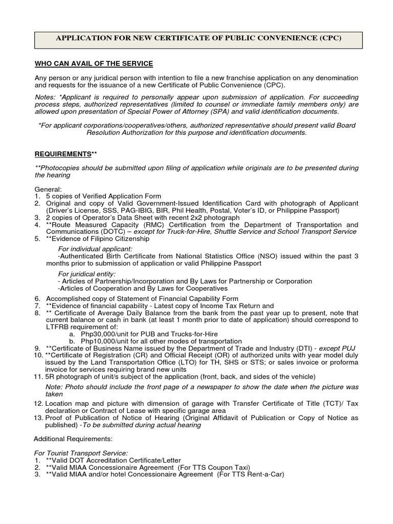 Application for New Certificate of Public Convenience (Cpc) | Identity ...