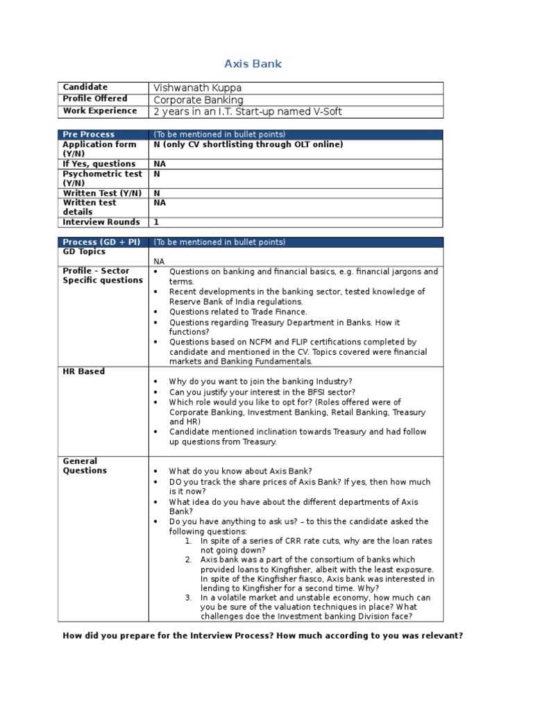Axis Bank Interview Insights for Candidates | PDF | Banks | Investing