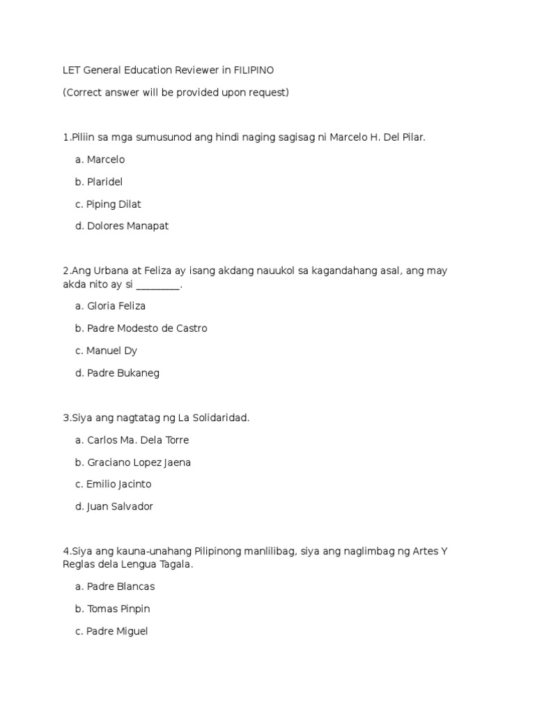 LET General Education Reviewer in FILIPINO | PDF