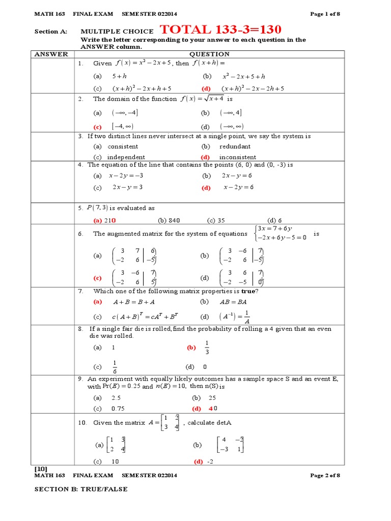 FINAL 022014 Answer Key | PDF | Matrix (Mathematics) | Algebra