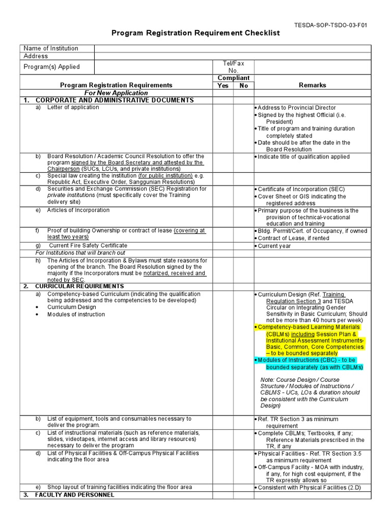 Program Registration Requirement Checklist TESDA SOP TSDO 03 F01 2015 ...