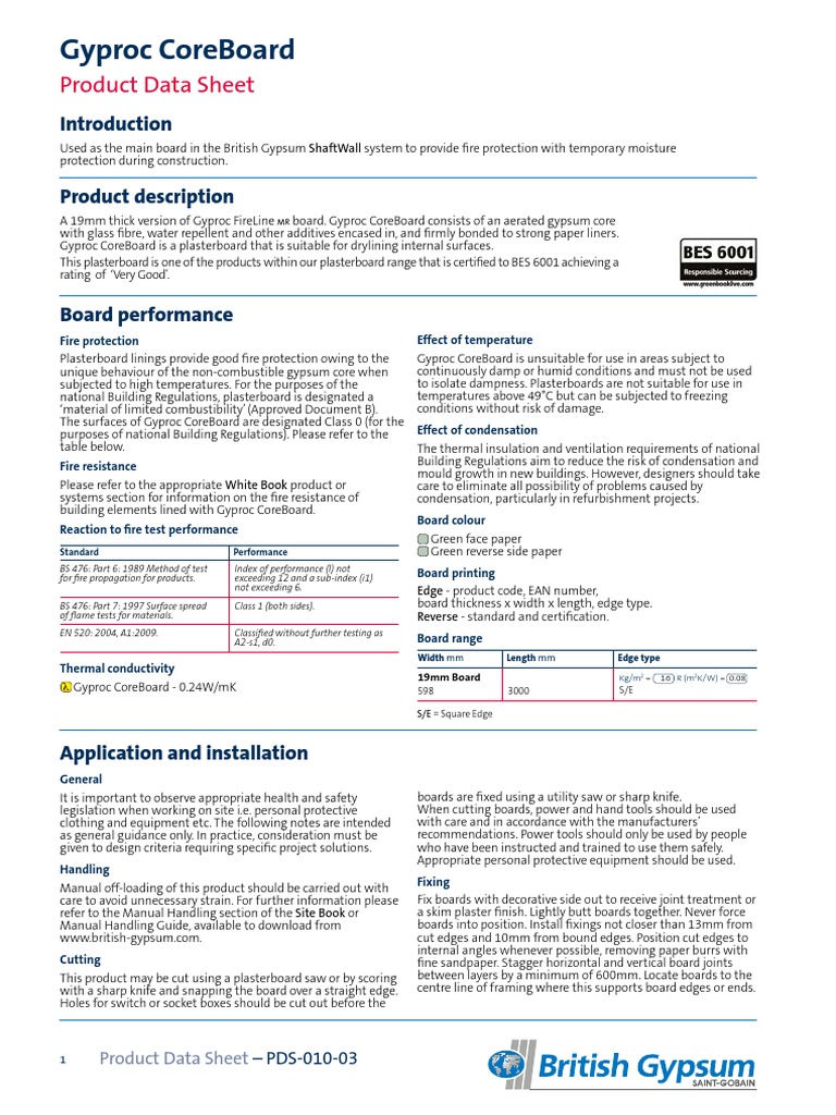 PDS Gyproc CoreBoard | PDF | Drywall | Building Materials