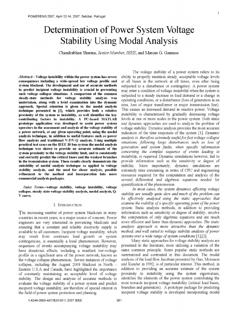 Determination of Power System Voltage Stability Using Modal Analysis | PDF | Stability Theory ...