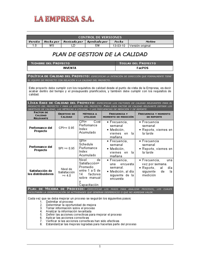 Formato Para Plan de Gestiónde Calidad de Un Proyecto | Gestión de la ...