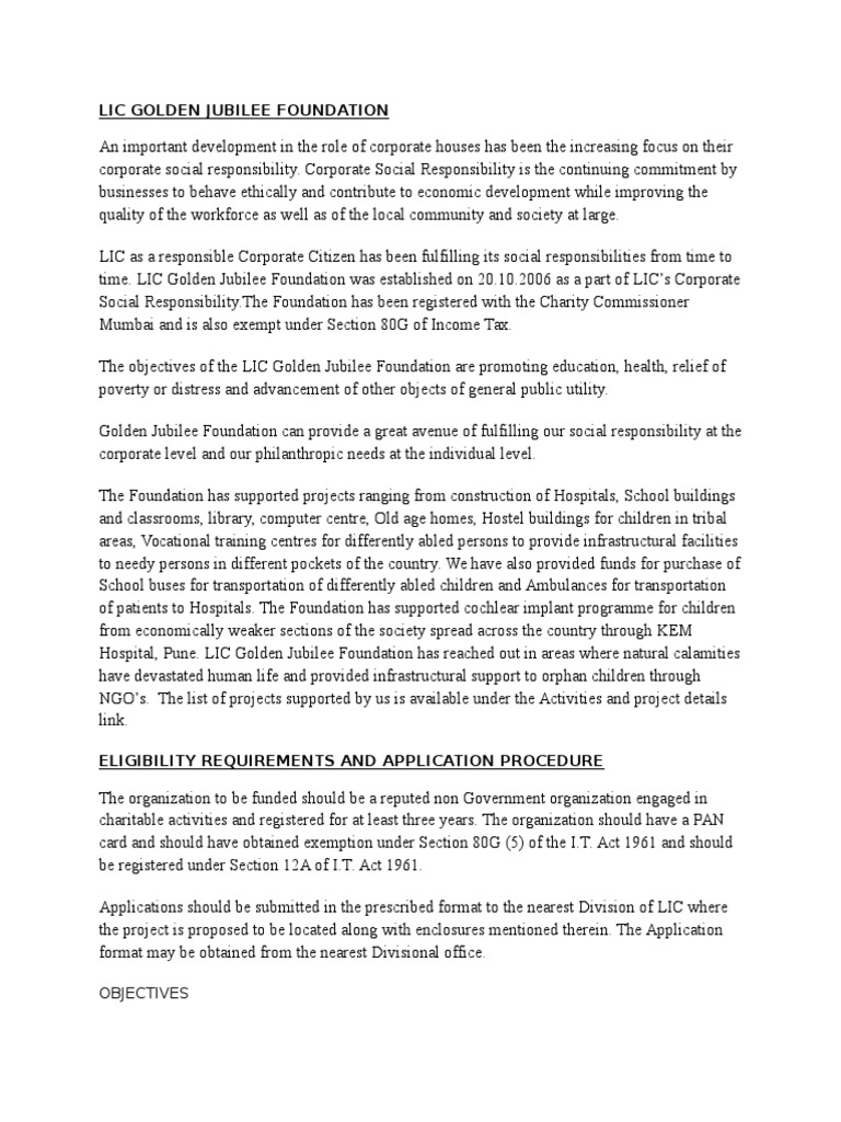 Lic Golden Jubilee Foundation | PDF | Non Governmental Organization ...