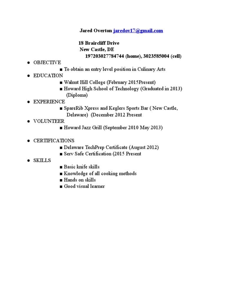 Entry Level Culinary Arts Resume Pdf