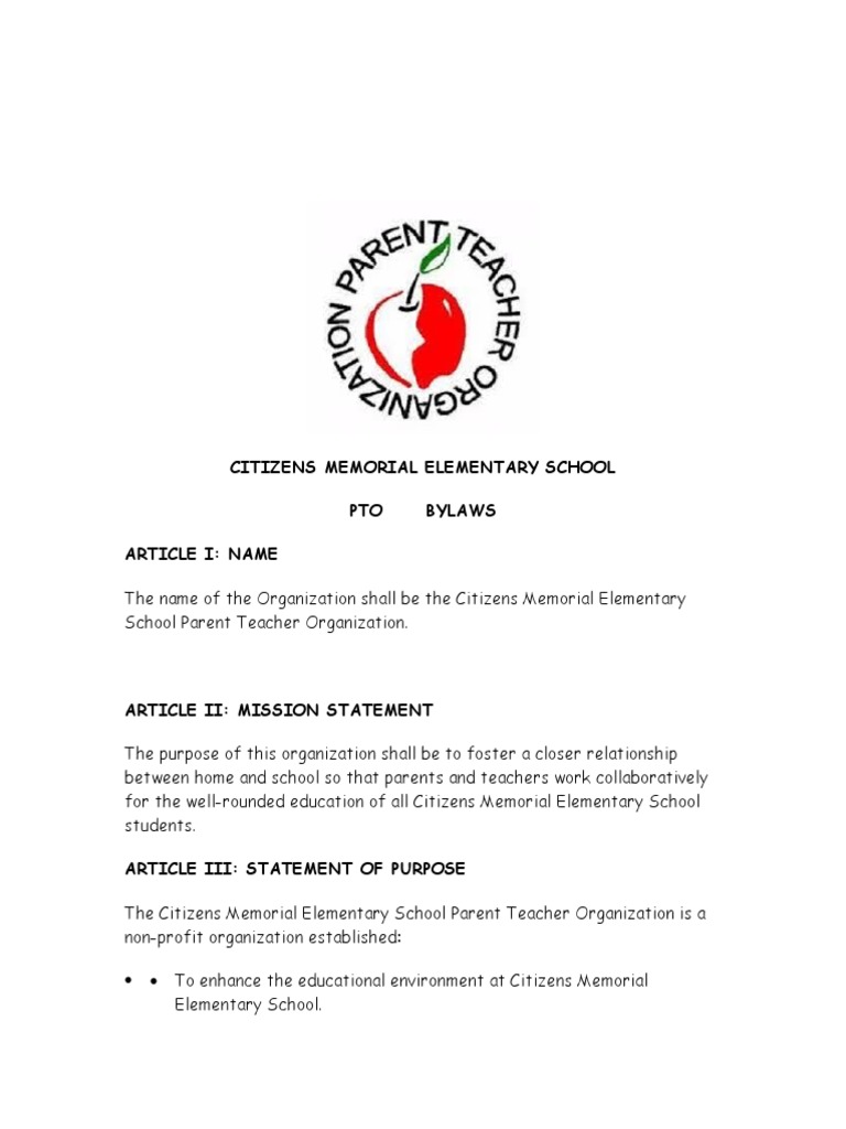 Citizens Memorial Elementary School Pto Bylaws | PDF | Committee | Quorum