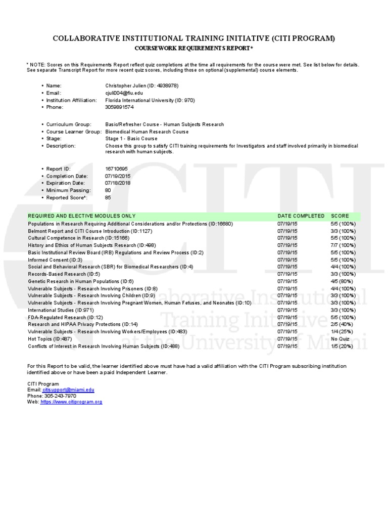 Citi Completion Report 4938978 | PDF | Institutional Review Board | Applied Ethics
