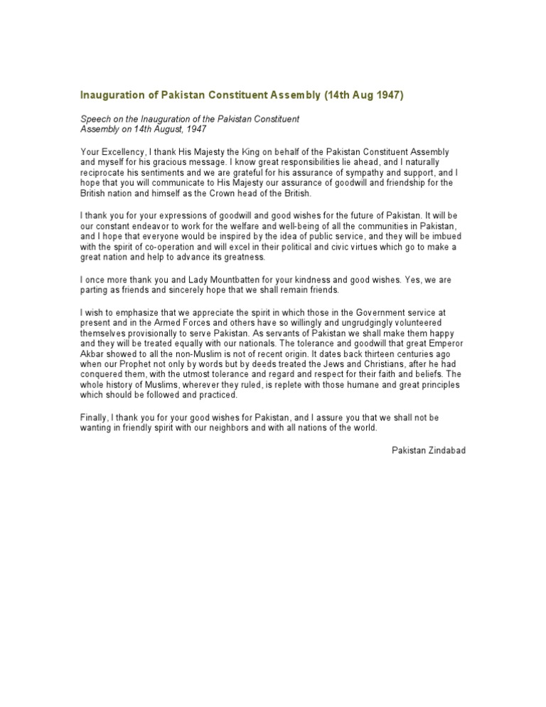 Pakistan Constituent Assembly Inauguration Speech | PDF