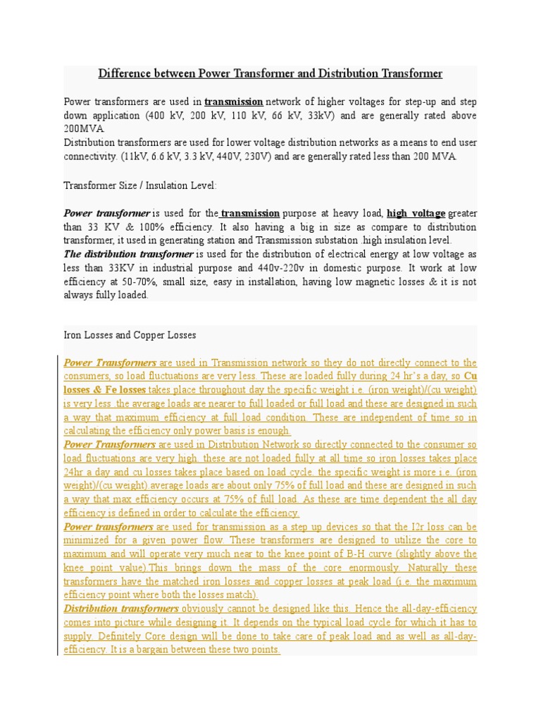 Difference Between Power Transformer and Distribution Transformer | PDF