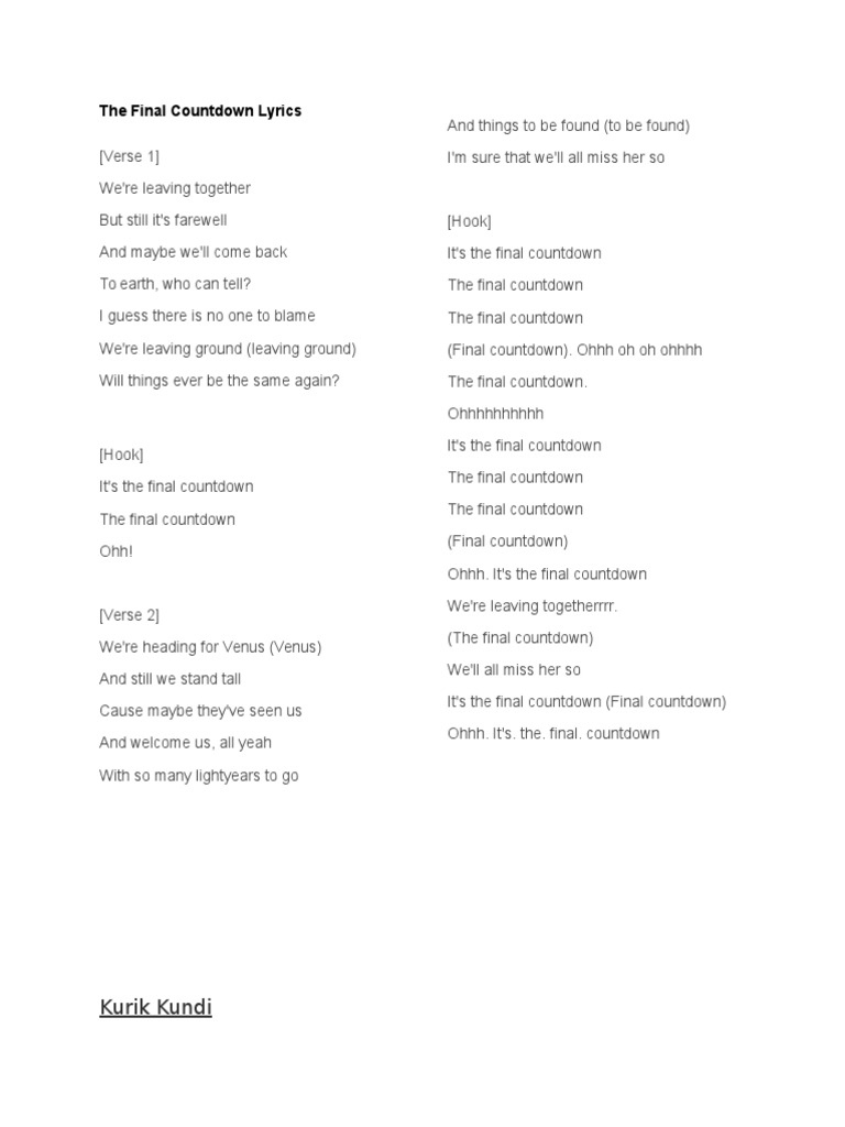 The Final Countdown Lyrics | PDF