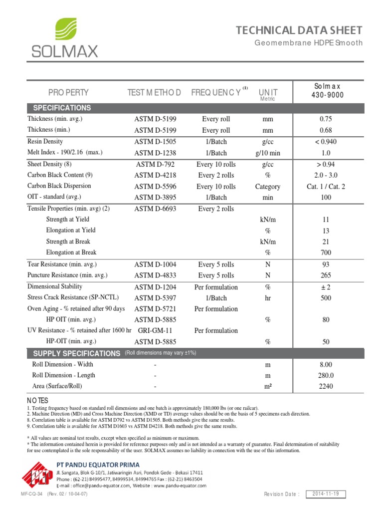 Solmax HDPE Geomembrane Specifications | PDF