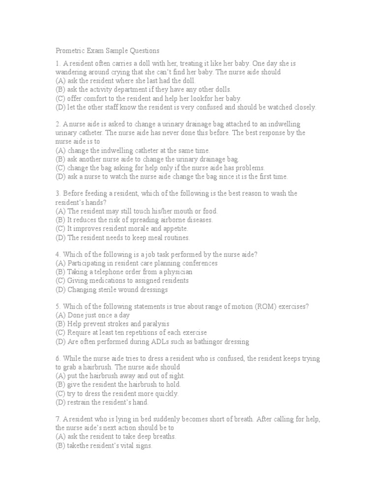 Prometric Exam Sample Questions | PDF | Urinary Incontinence | Nursing