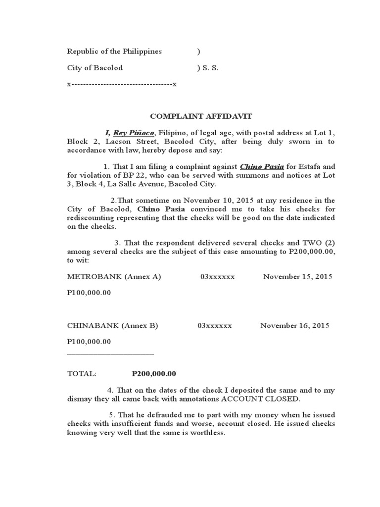 Complaint Affidavit Estafa | PDF