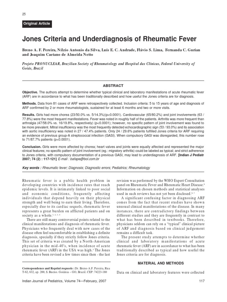 Jones Criteria and Underdiagnosis of Rheumatic Fever | PDF