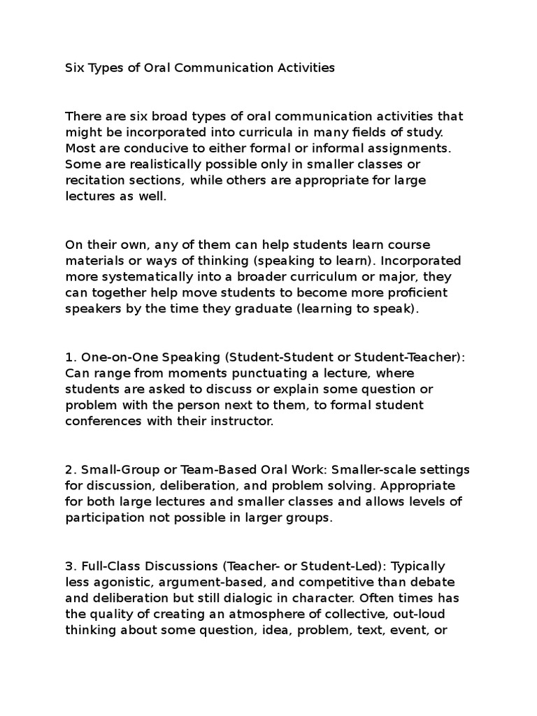 Six Types of Oral Communication Activities | PDF