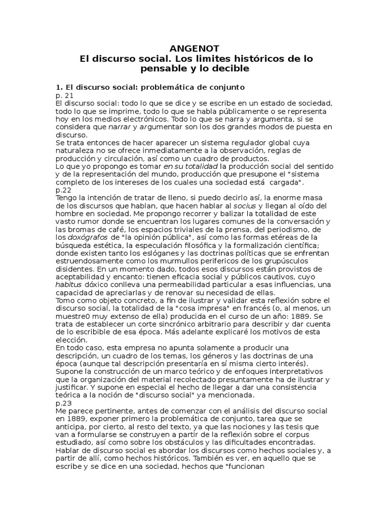 ANGENOT El Discurso Social | PDF | Ideologías | Sociedad
