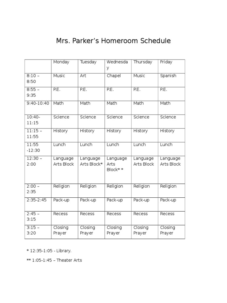 Mrs. Parker's Weekly Class Schedule | PDF