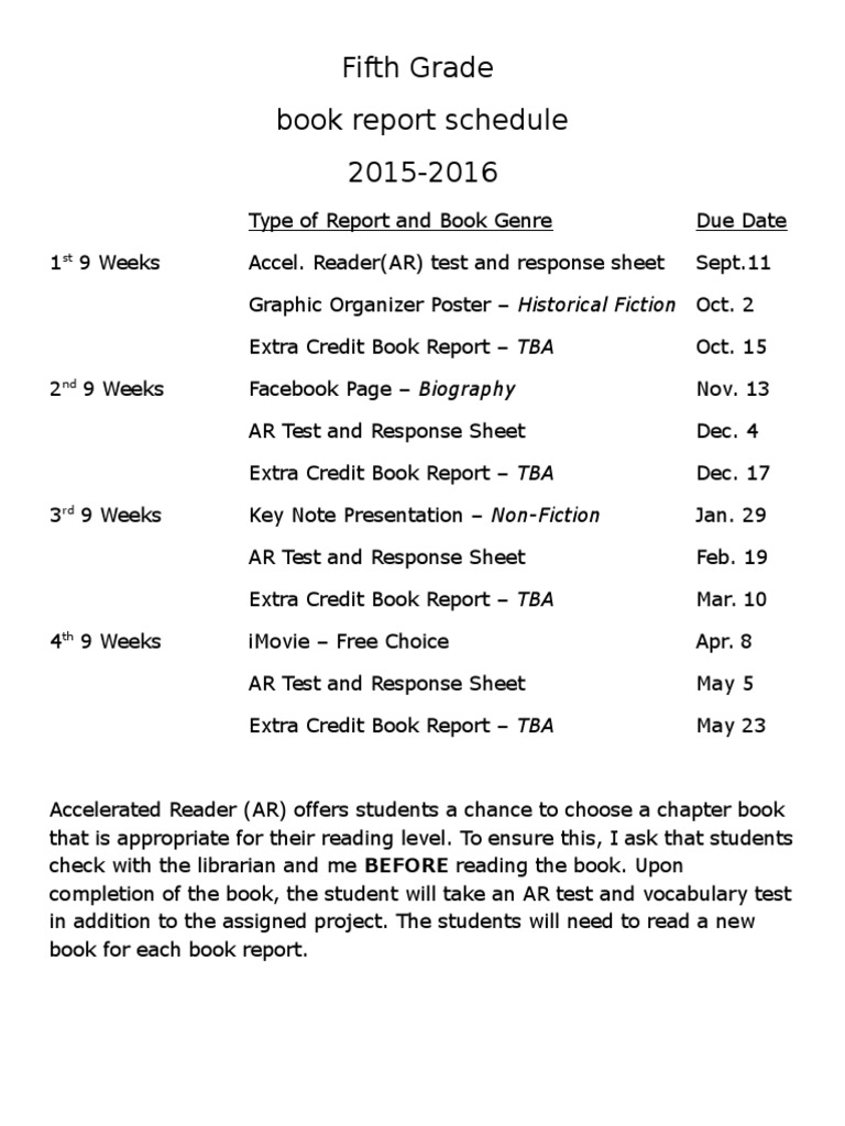 Fifth Grade Book Report Guide | PDF