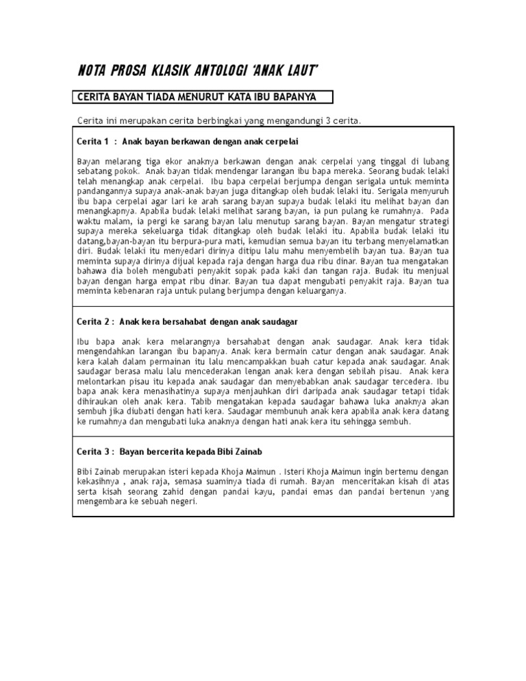 Prosa Klasik Tingkatan 4 - Cerita Bayan Tiada Menurut Kata Ibu Bapanya | PDF