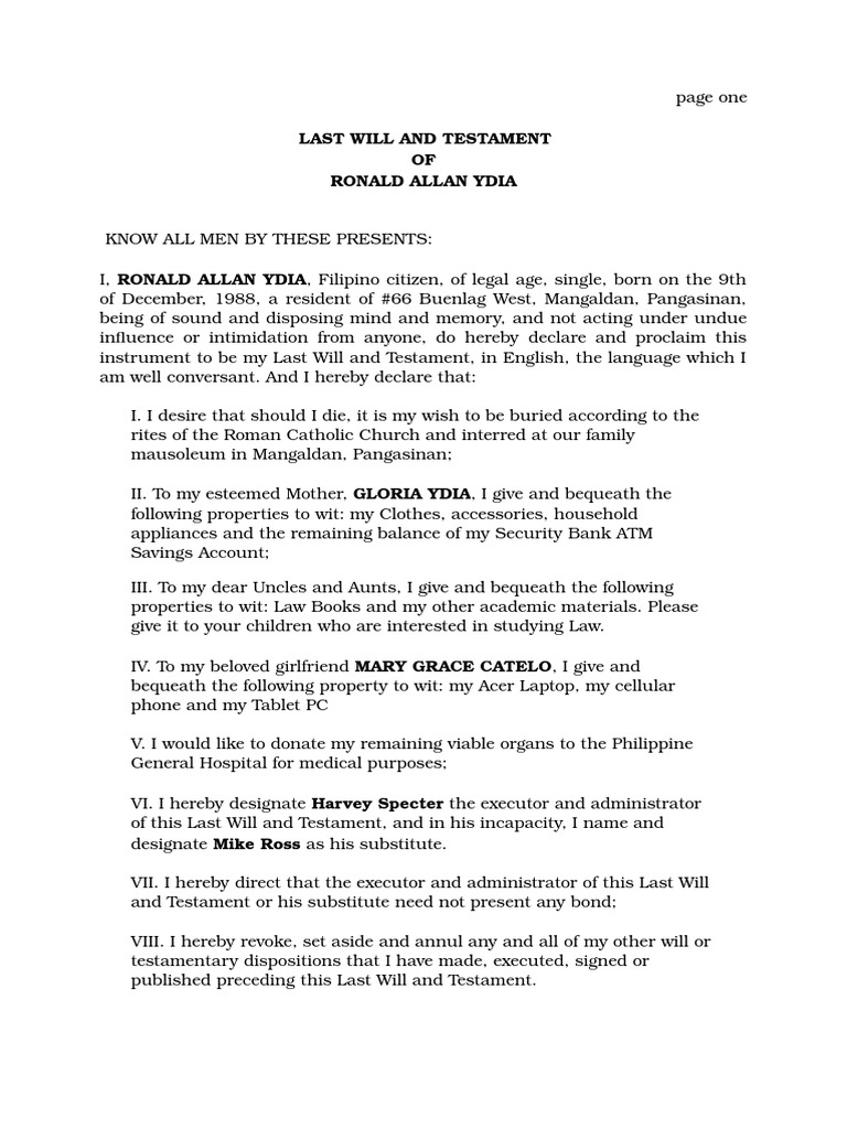 Last Will and Testament Sample | PDF | Will And Testament | Civil Law ...