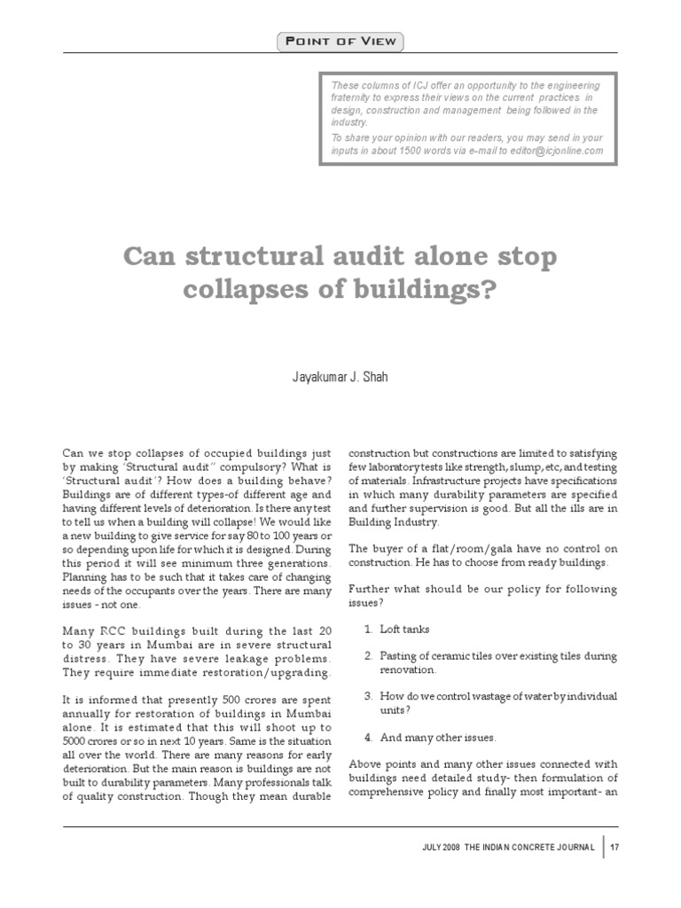 Can Structural Audit Alone Stop Collapse of Building by J J Shah | PDF ...